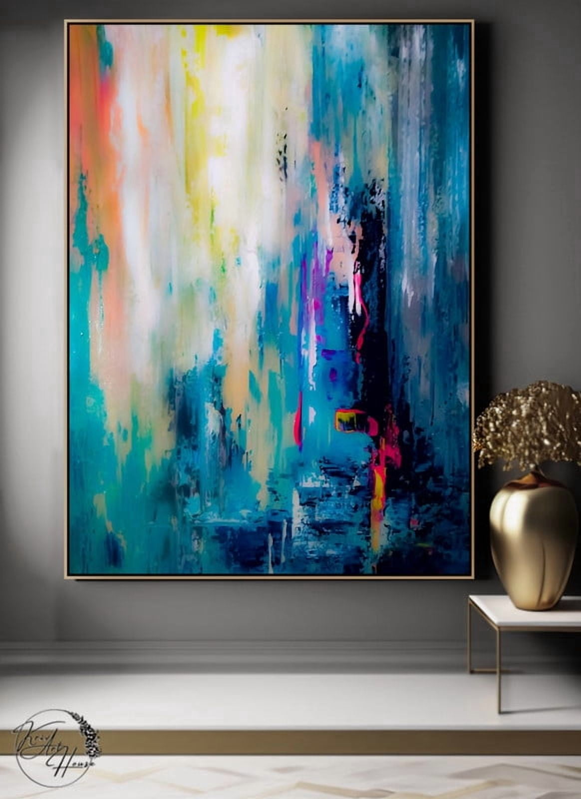 Abstract Wall Art Painting Handmade Modern Canvas Artwork Aqua Magenta ...