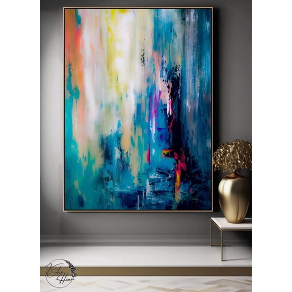 Abstract Wall Art Painting Handmade Modern Canvas Artwork Aqua Magenta ...