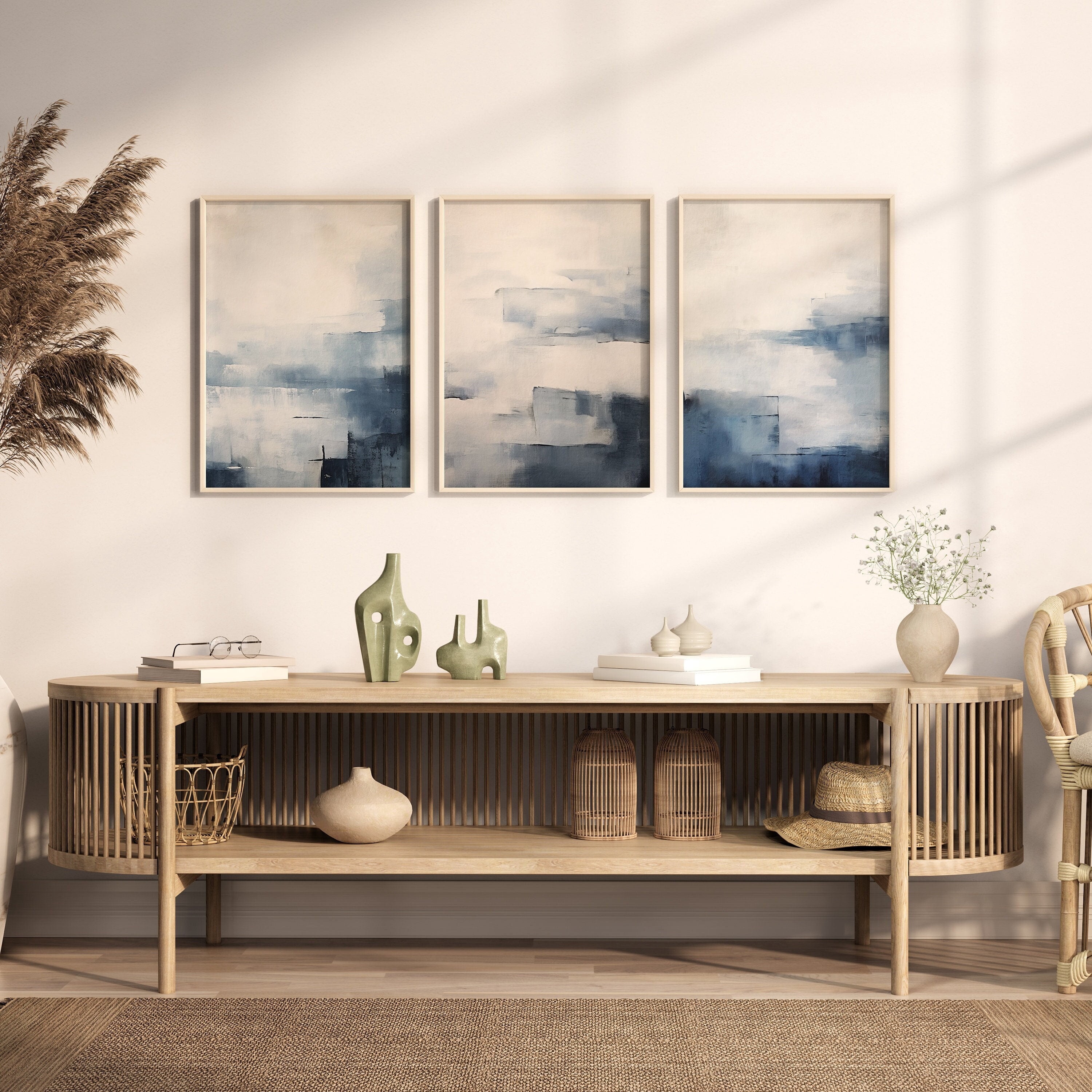 Abstract Wall Art Prints: Indigo Blue Minimalist Set Modern Decor Set 3 ...