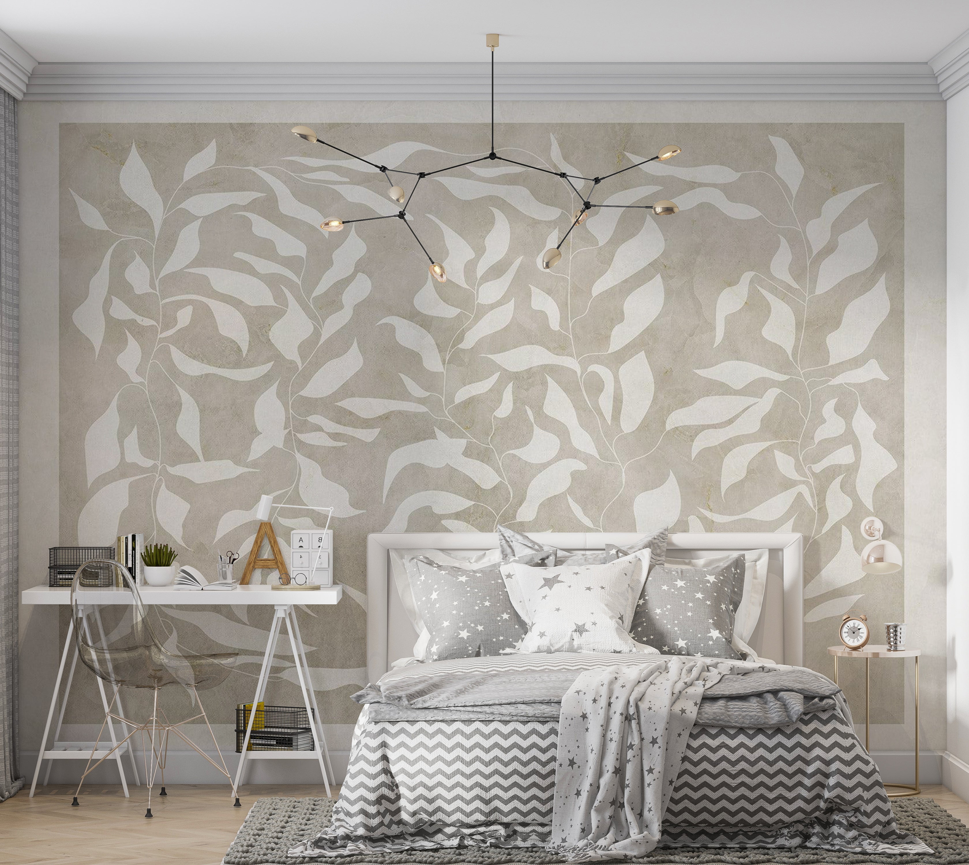 Abstract Wallpaper Wall Mural - White Leaves on Beige Background ...