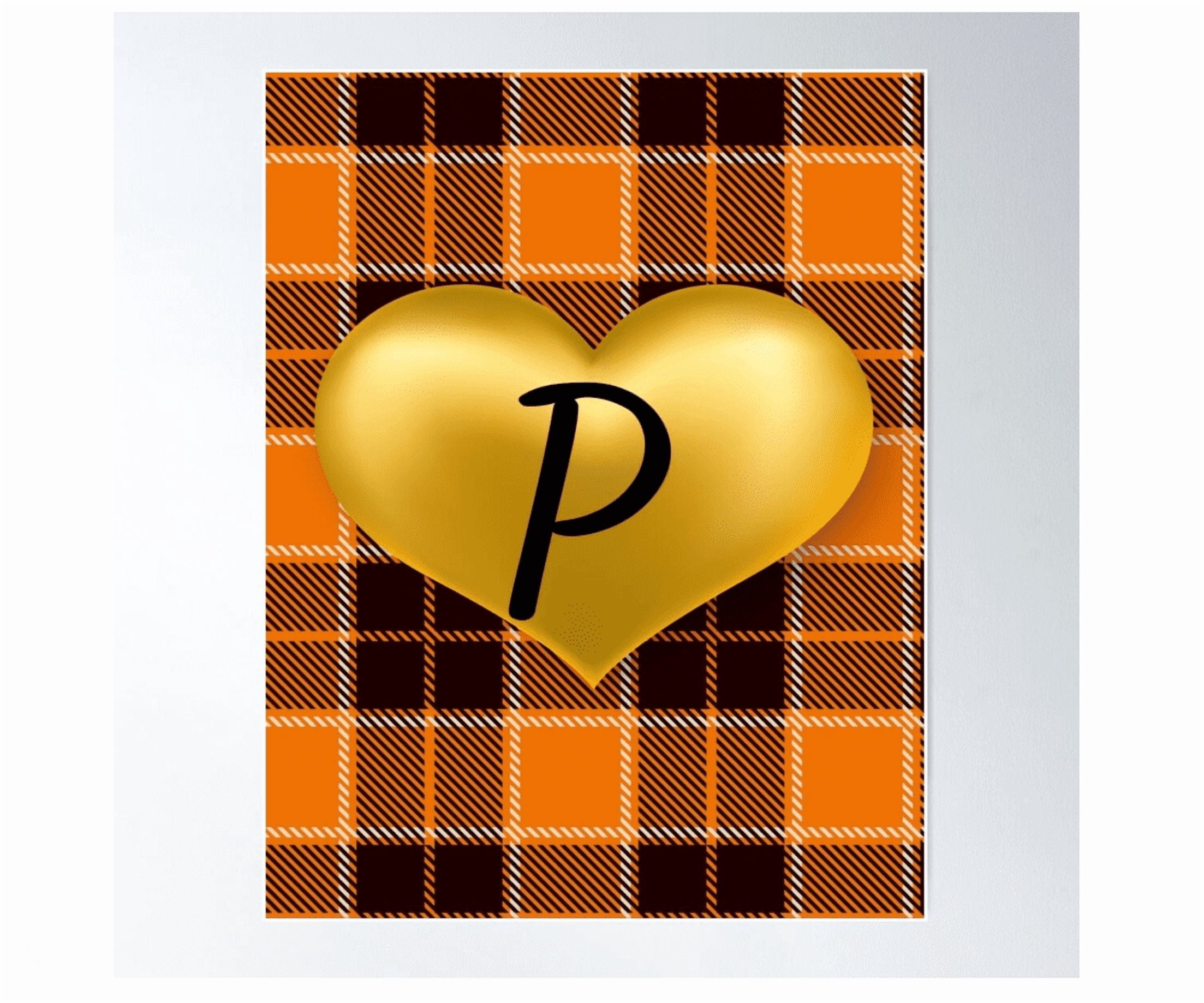 Abstract Warm Plaid Puff Gold Heart With Initial P Poster Wall Art ...