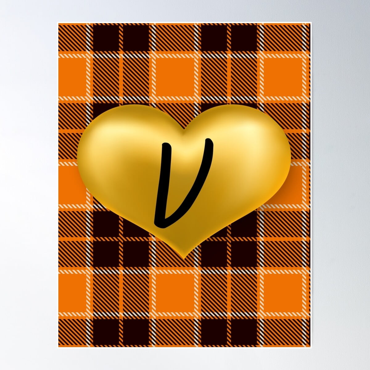 Abstract Warm Plaid-Puff Gold Heart With Initial-V Poster Wall Art ...