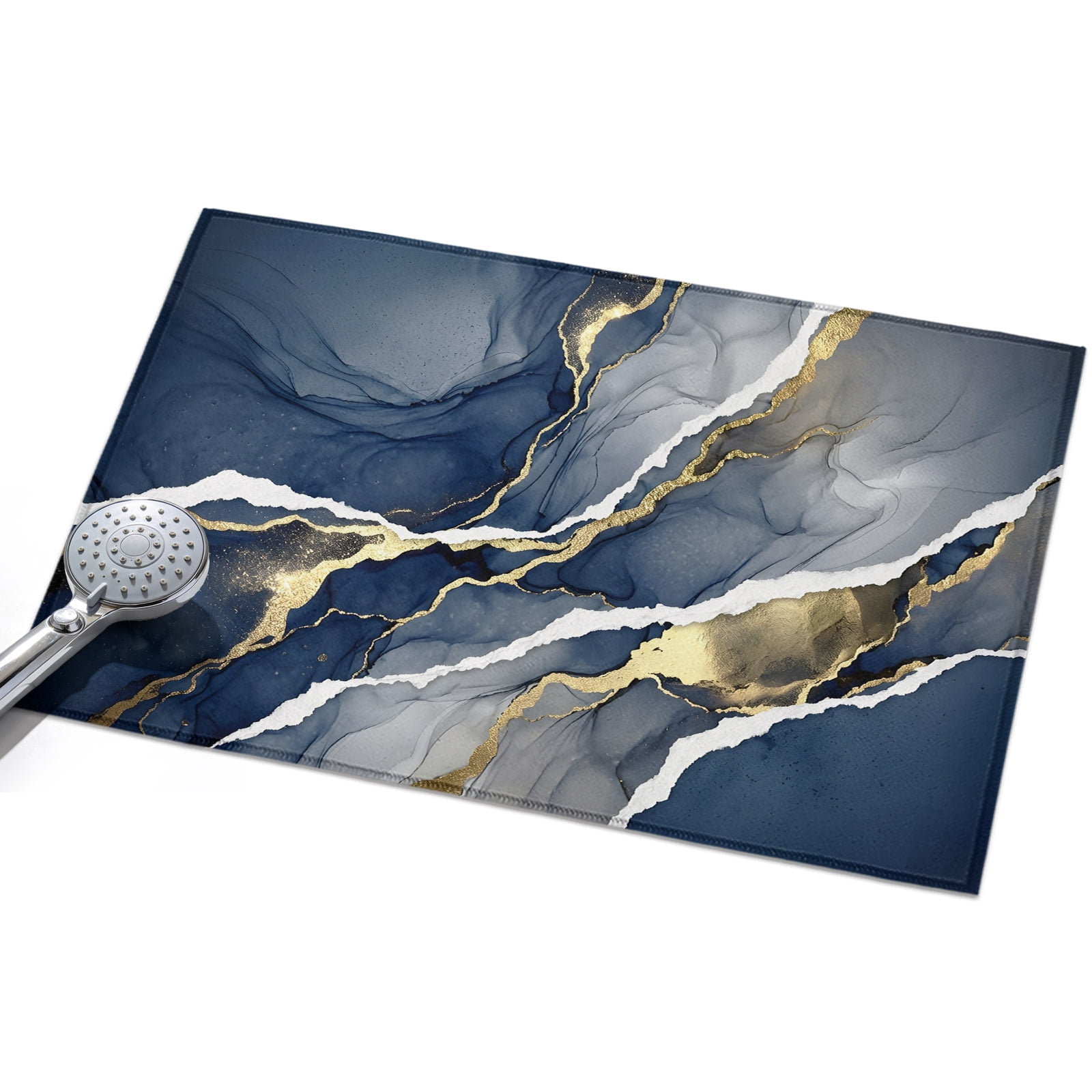 Abstract Washable Area Rug 2 x 3 ft Blue Ink Gold Foiling Ocean Waves ...