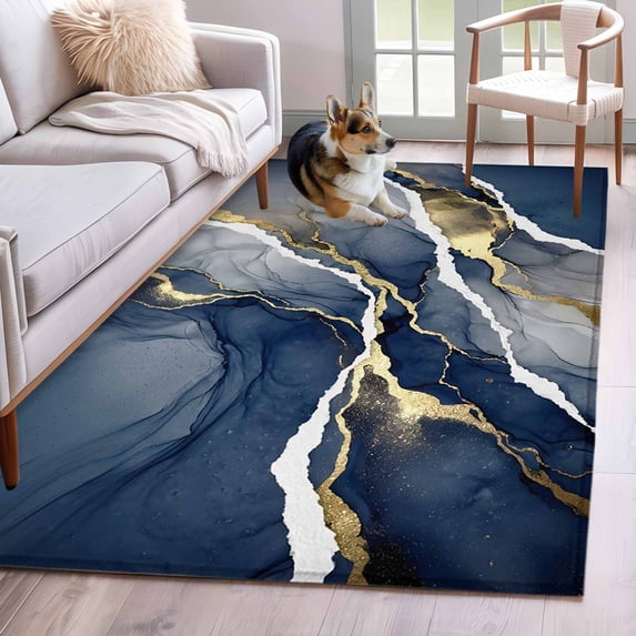 Abstract Washable Area Rug 4x6 Blue Ink Gold Foiling Ocean Waves Luxury ...