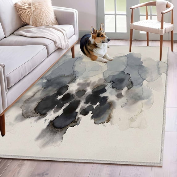 Abstract Washable Area Rug 4x6 Ink Painting Mottled Gradient Blue Gray ...
