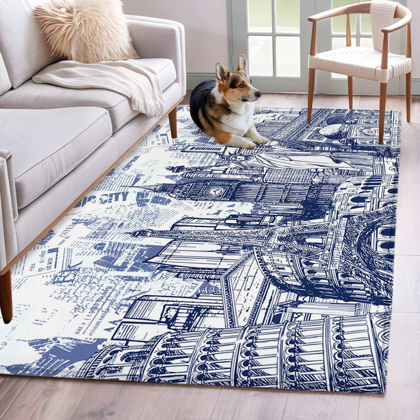 Abstract Washable Area Rug 4x6 White and Navy Blue Global Landmarks ...