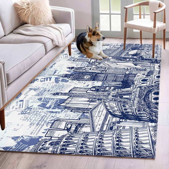 Abstract Washable Area Rug 4x6 White and Navy Blue Global Landmarks ...