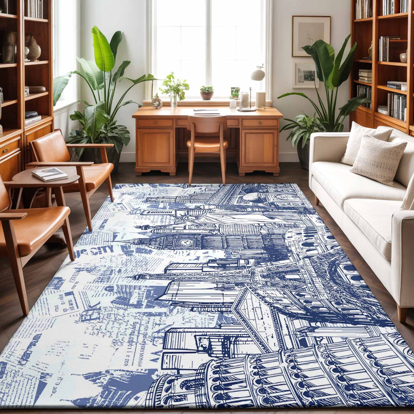 Abstract Washable Area Rug 5 x 7 ft White and Navy Blue Global ...