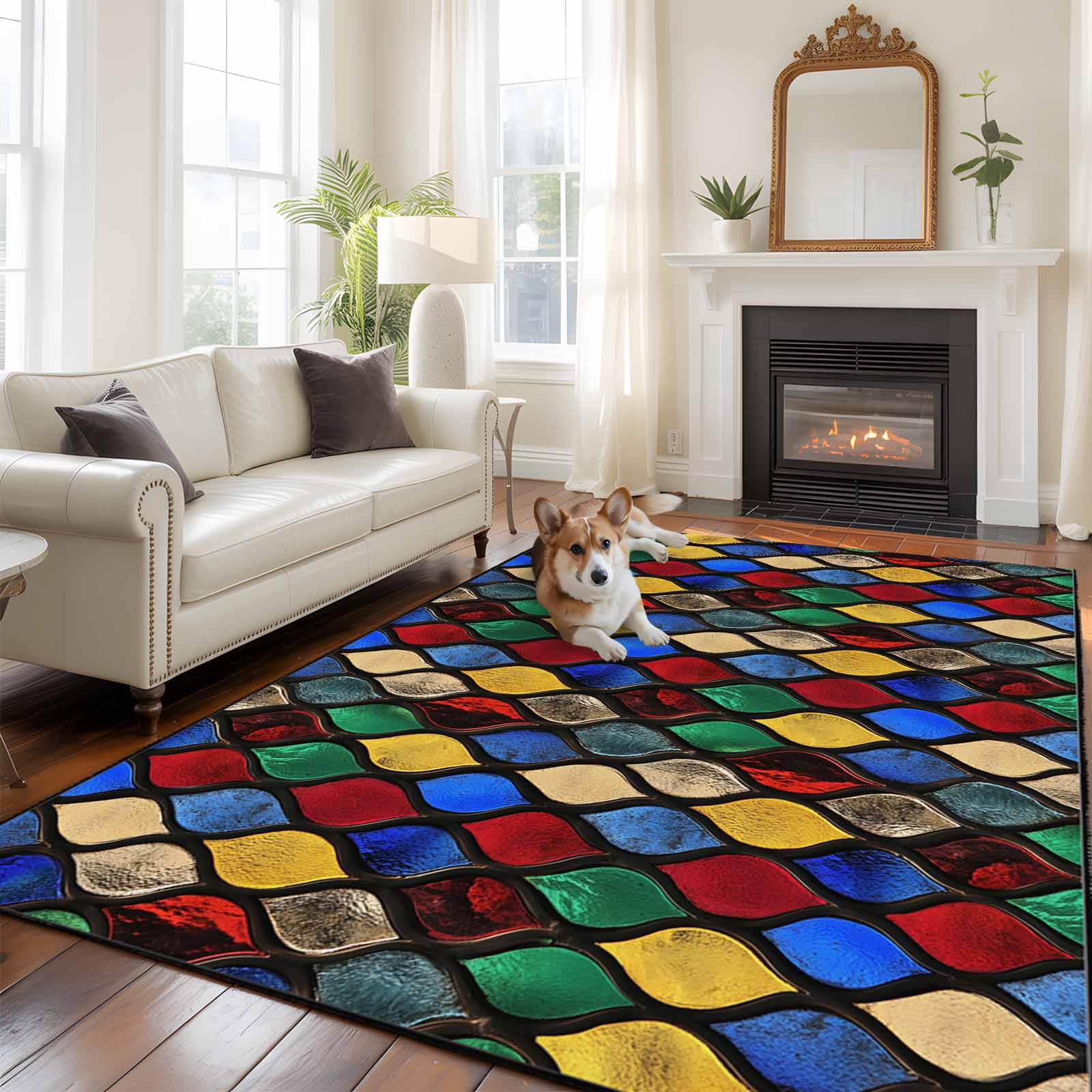 Abstract Washable Area Rug 5x7 111 Stained Glass Moroccan Texture Low ...