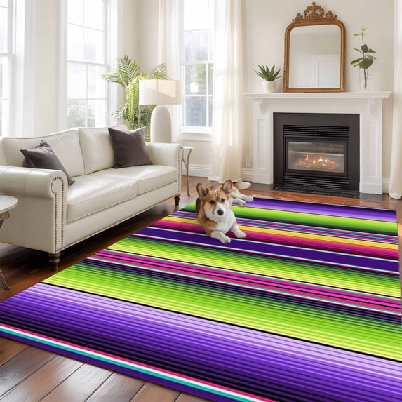 Abstract Washable Area Rug 5x8 Colorful Mexican Stripes Purple Green ...
