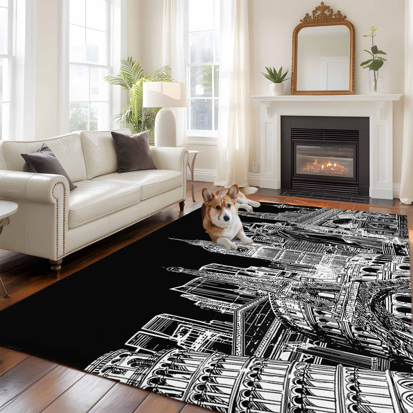 Abstract Washable Area Rug 5x8 White and Black Global Landmarks Modern ...