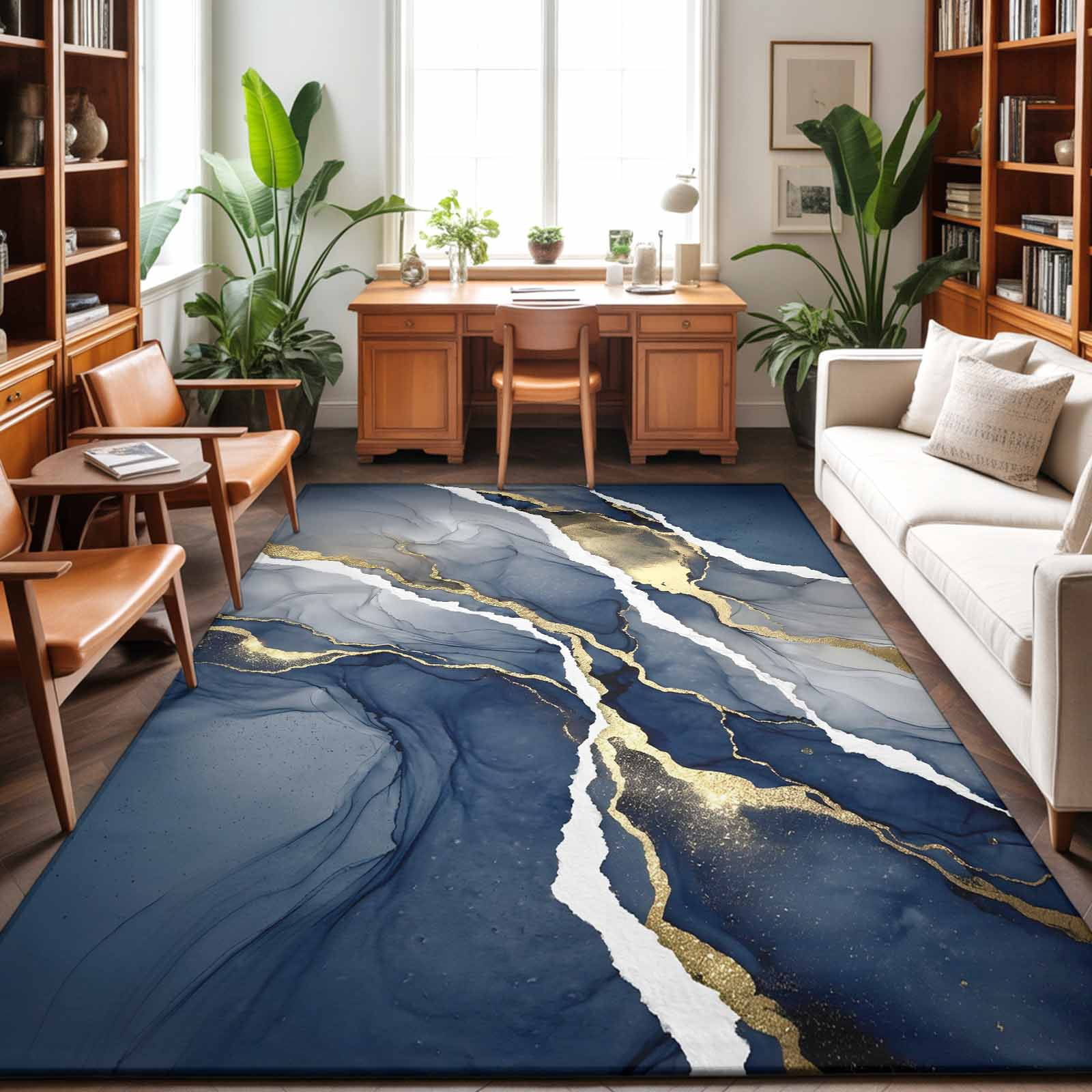 Abstract Washable Area Rug 6 x 9 ft Blue Ink Gold Foiling Ocean Waves ...