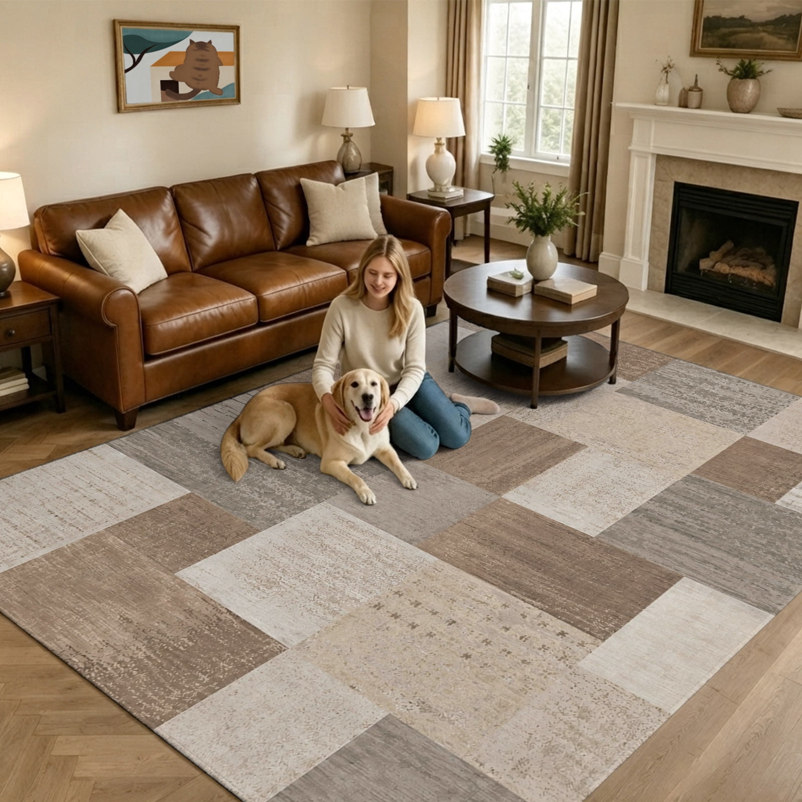 Abstract Washable Area Rug 6x9 Brown Beige Wood Grain Patchwork Blocks ...