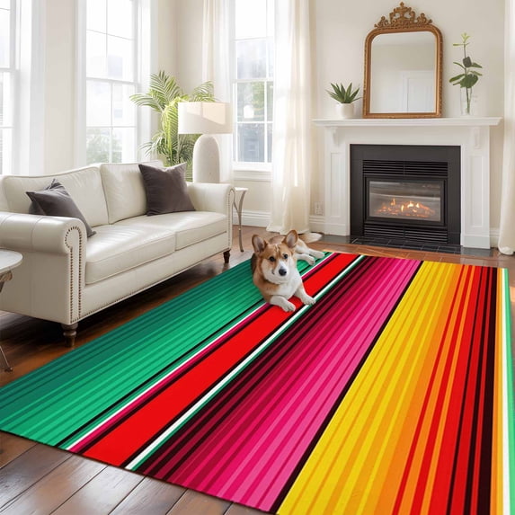 Abstract Washable Area Rug 6x9 Colorful Mexican Stripe Orange Yellow ...