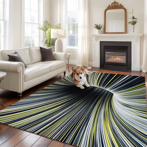 Abstract Washable Area Rug 6x9 Lemon Yellow White Linear Warp Optical ...