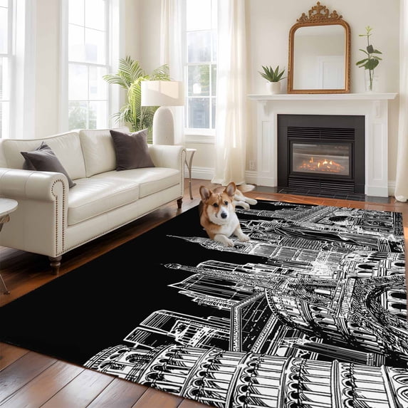 Abstract Washable Area Rug 6x9 White and Black Global Landmarks Modern ...