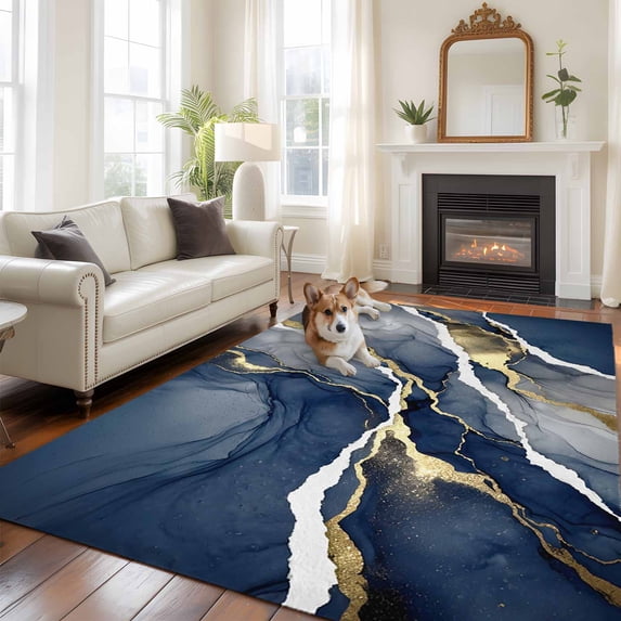 Abstract Washable Area Rug 8x10 Blue Ink Gold Foiling Ocean Waves ...