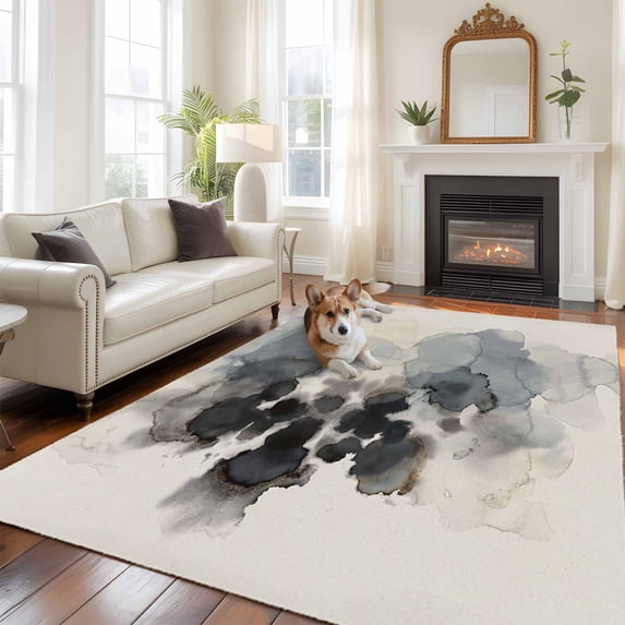 Abstract Washable Area Rug 8x10 Ink Painting Mottled Gradient Blue Gray ...