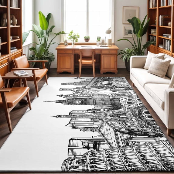 Abstract Washable Area Rug 9 x 12 ft Black and White Global Landmarks ...
