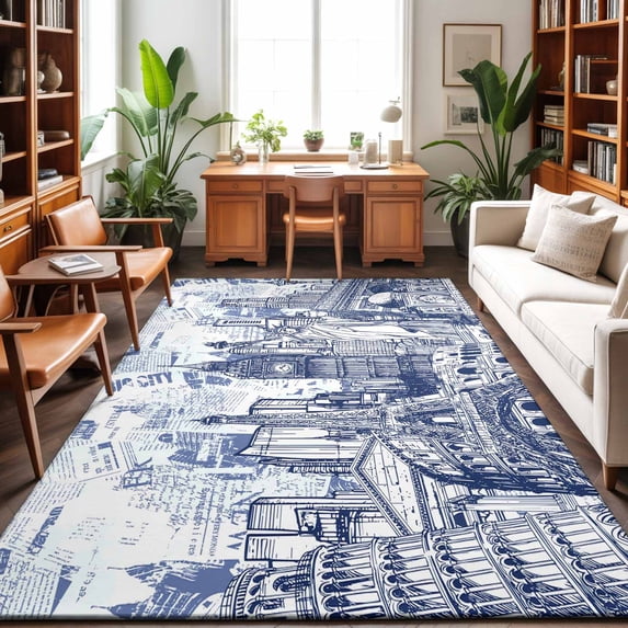 Abstract Washable Area Rug 9 x 12 ft White and Navy Blue Global ...