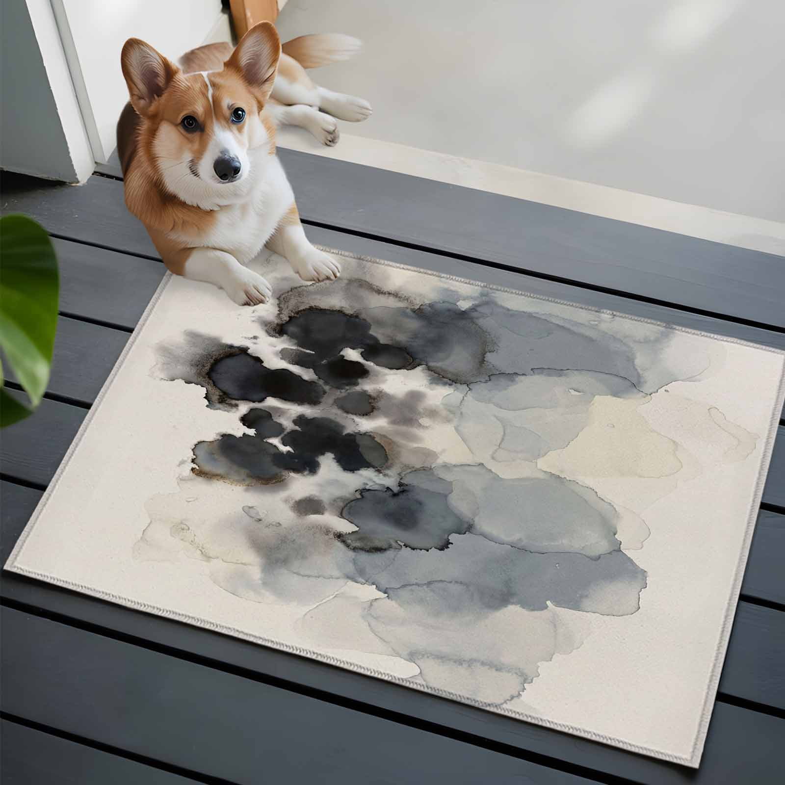 Abstract Washable Entry Rug 2x3 Ink Painting Mottled Gradient Blue Gray ...