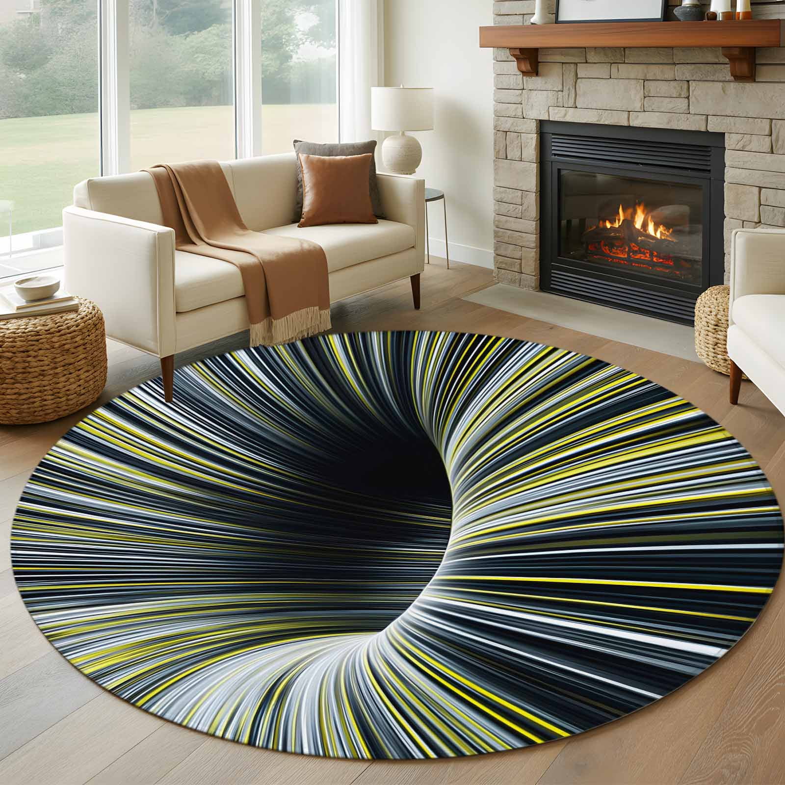 Abstract Washable Round Area Rug 6 ft, Lemon Yellow White Linear Warp ...