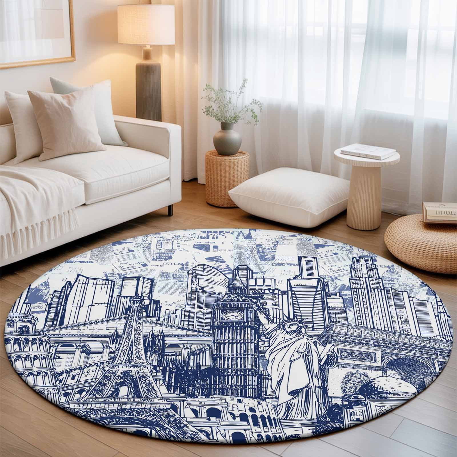 Abstract Washable Round Area Rug 6 ft, White and Navy Blue Global ...