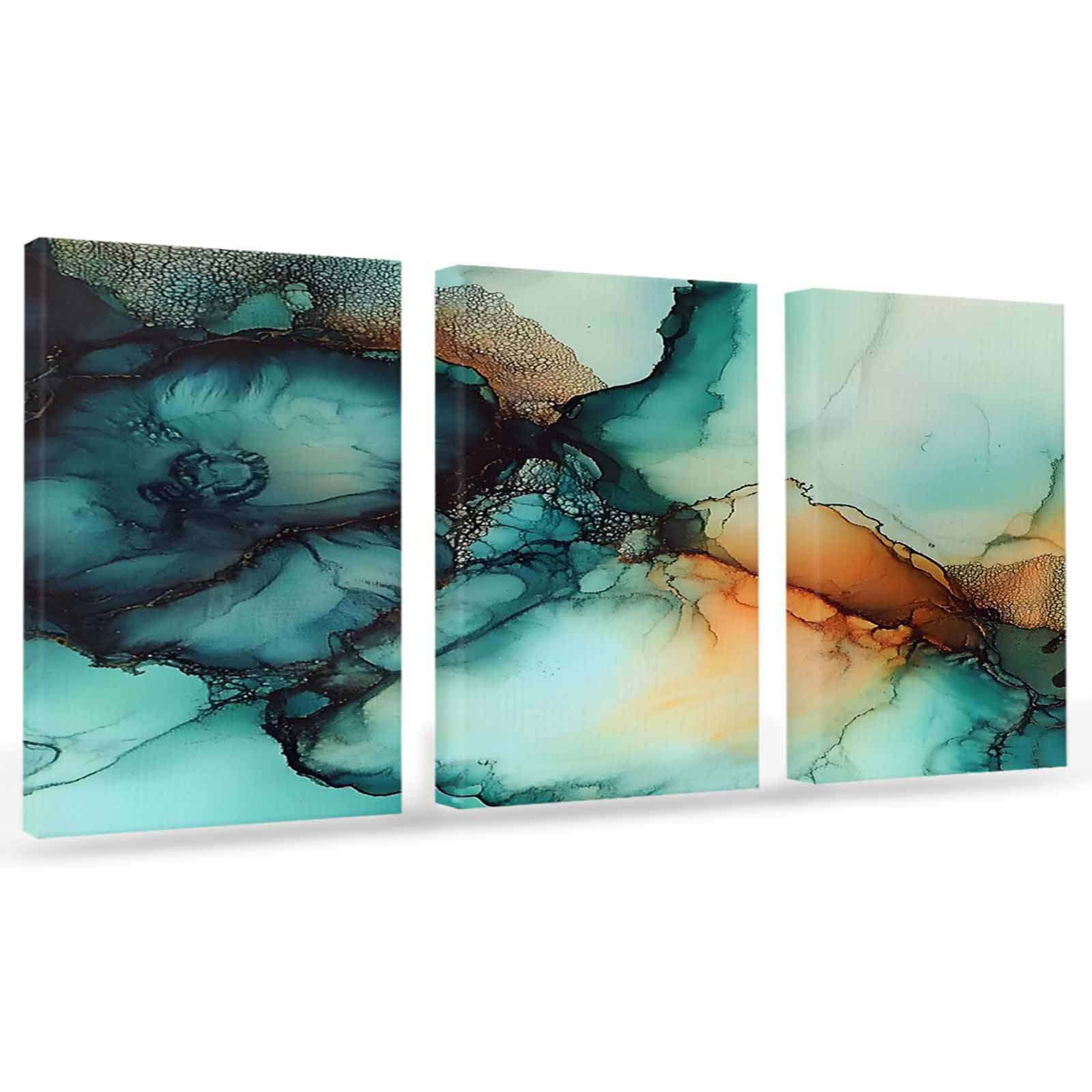 Abstract Water Ripple Art Canvas Wall Art 3 Panels, Teal Green Orange ...