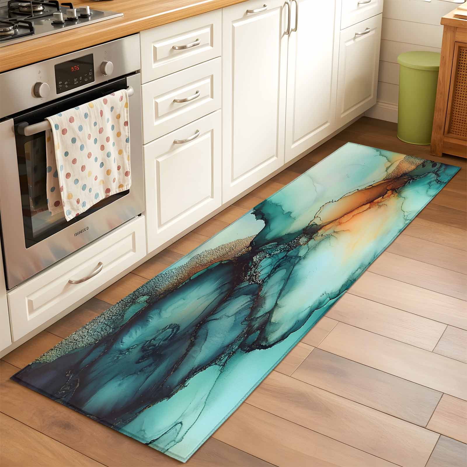 Abstract Water Ripple Art Runner Rugs 2x6 ft Teal Green Orange Marble ...