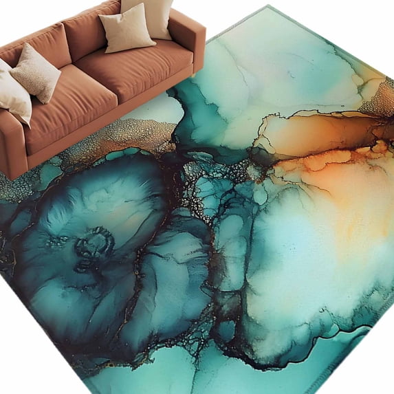 Abstract Water Ripple Art Washable Area Rug 8x10 Teal Green Orange ...