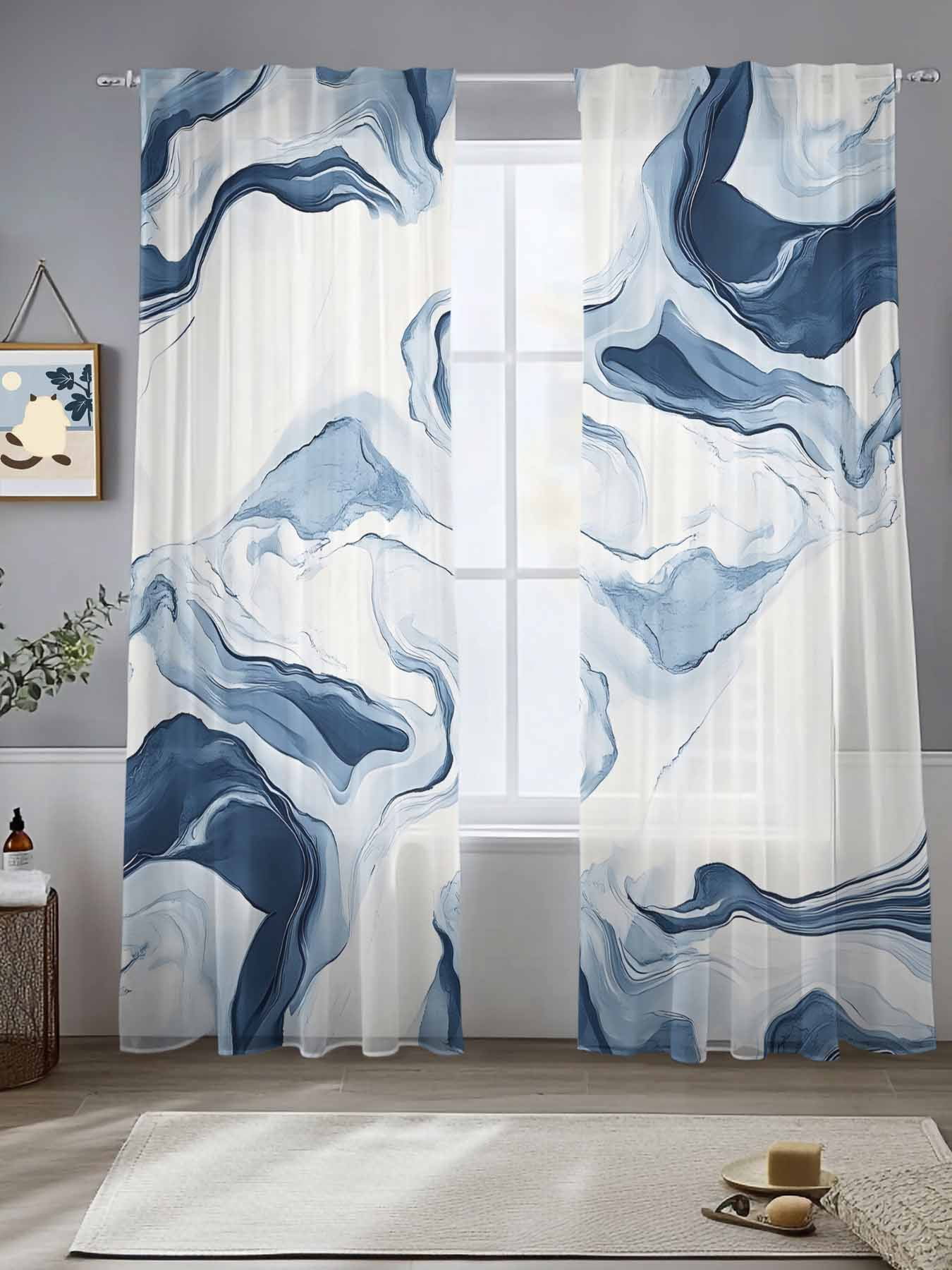Abstract Water Ripple Blue Chiffon Sheer Curtains 84 Inches Long Marble ...