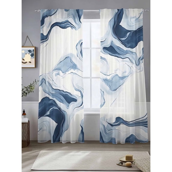 Abstract Water Ripple Blue Chiffon Sheer Curtains 84 Inches Long Marble ...