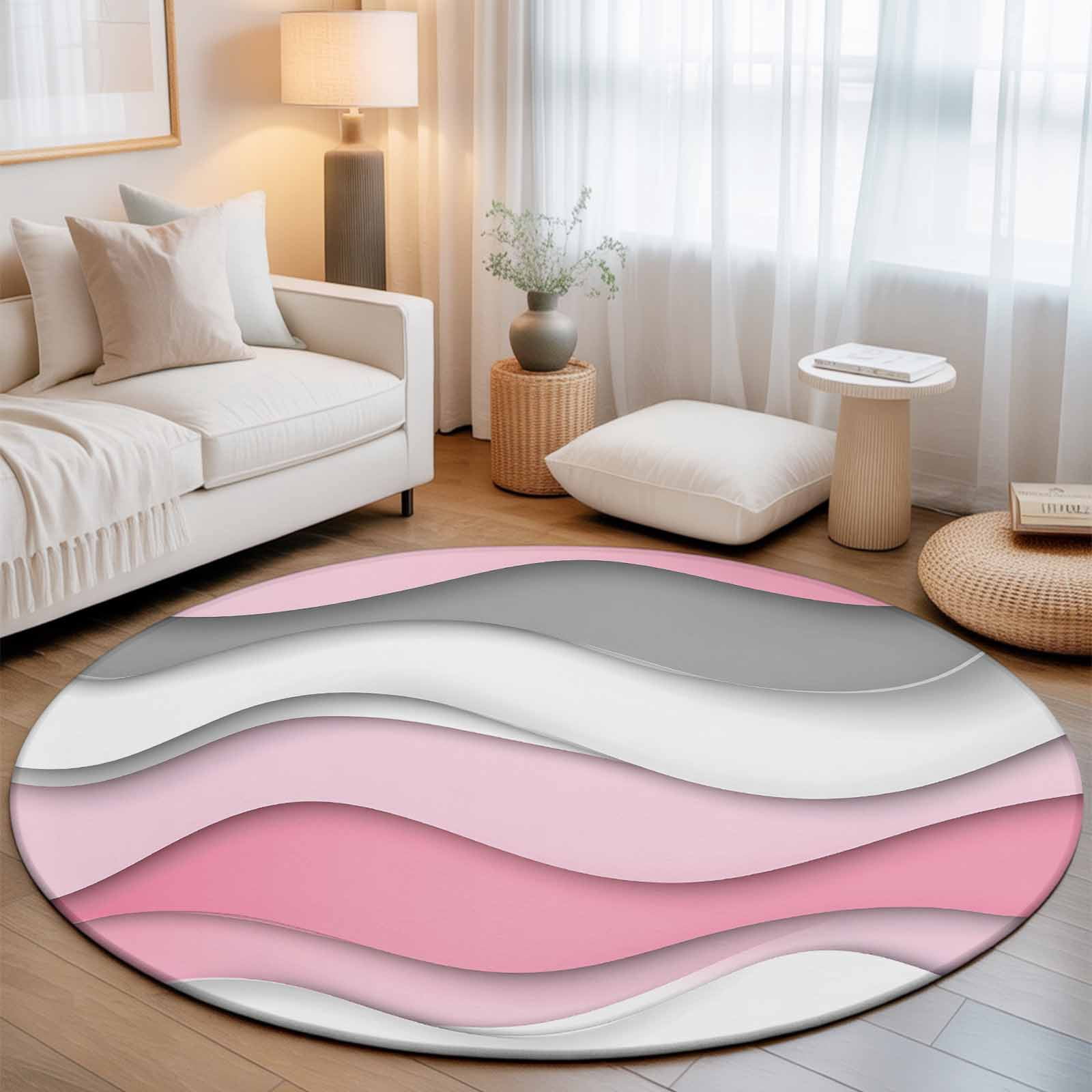 Abstract Water Ripple Ombre Art Round Rug 5ft Pink Gray White Stripe ...