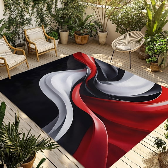 Abstract Water Ripple Outdoor Rug, Red Black White Stitching Non-Slip ...