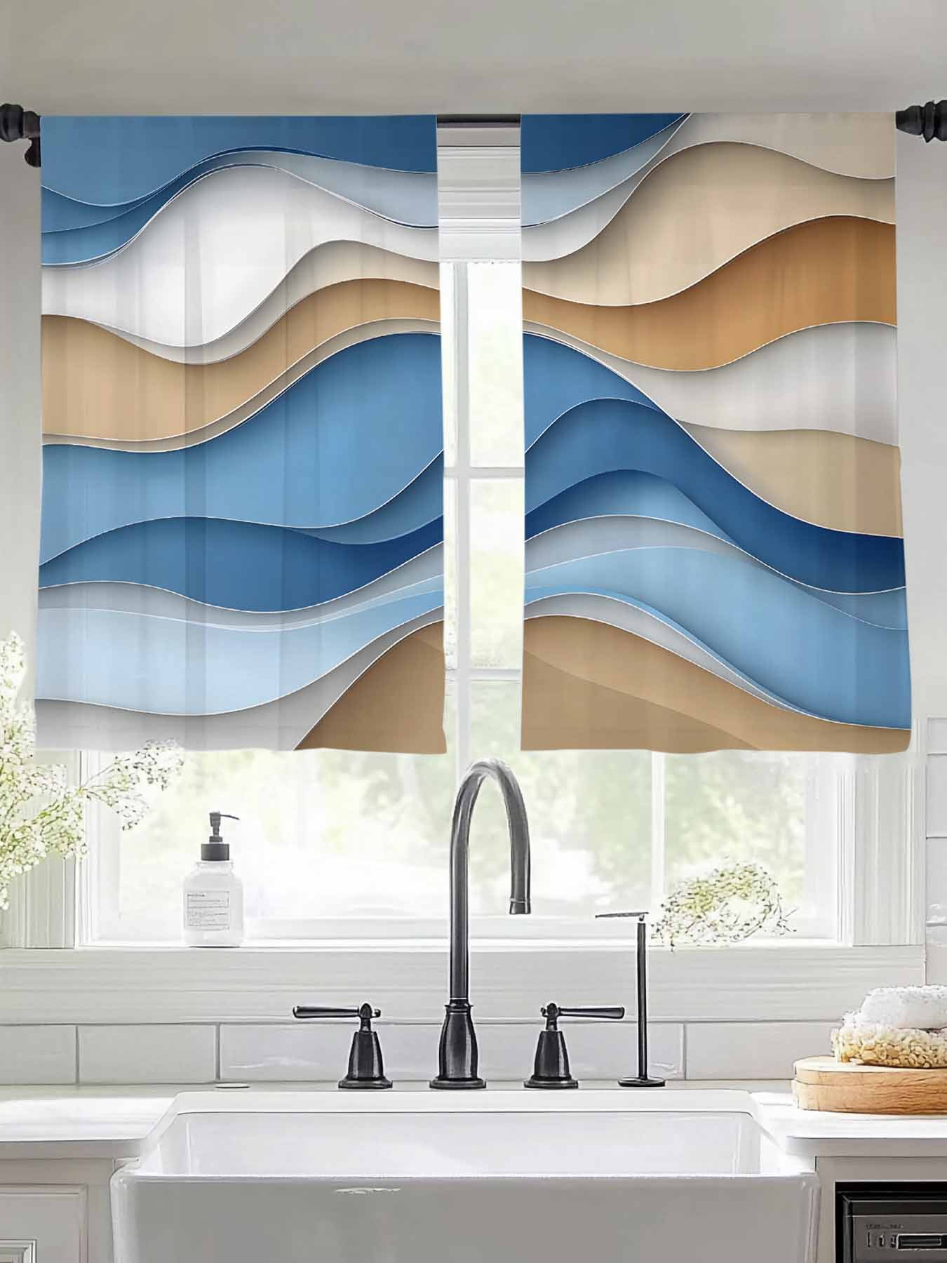 Abstract Water Ripple Sheer Curtains 54 Inches Long 2 Panels Blue Brown ...