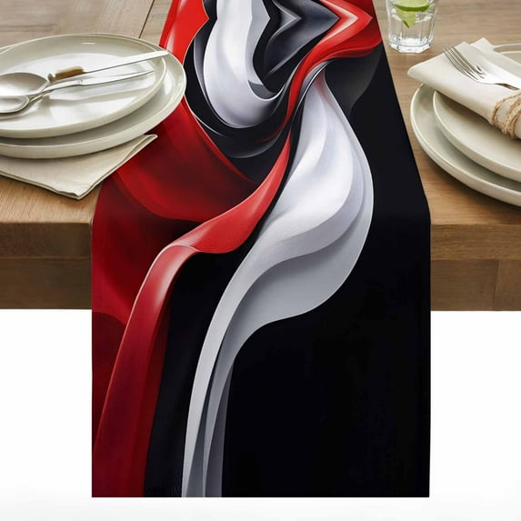 Abstract Water Ripple Table Runner 13x36 inch Red Black White Stitching ...