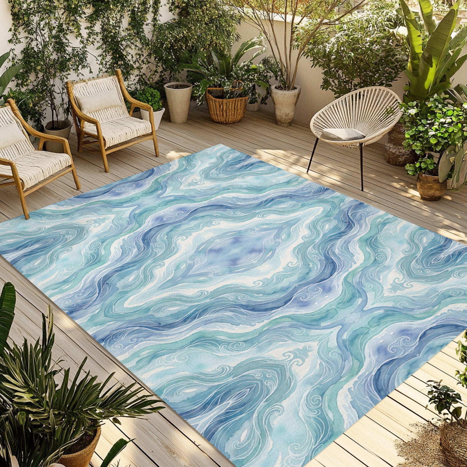 Abstract Water Waves Outdoor Rug, Watercolor Blue Green Wave Gradient ...