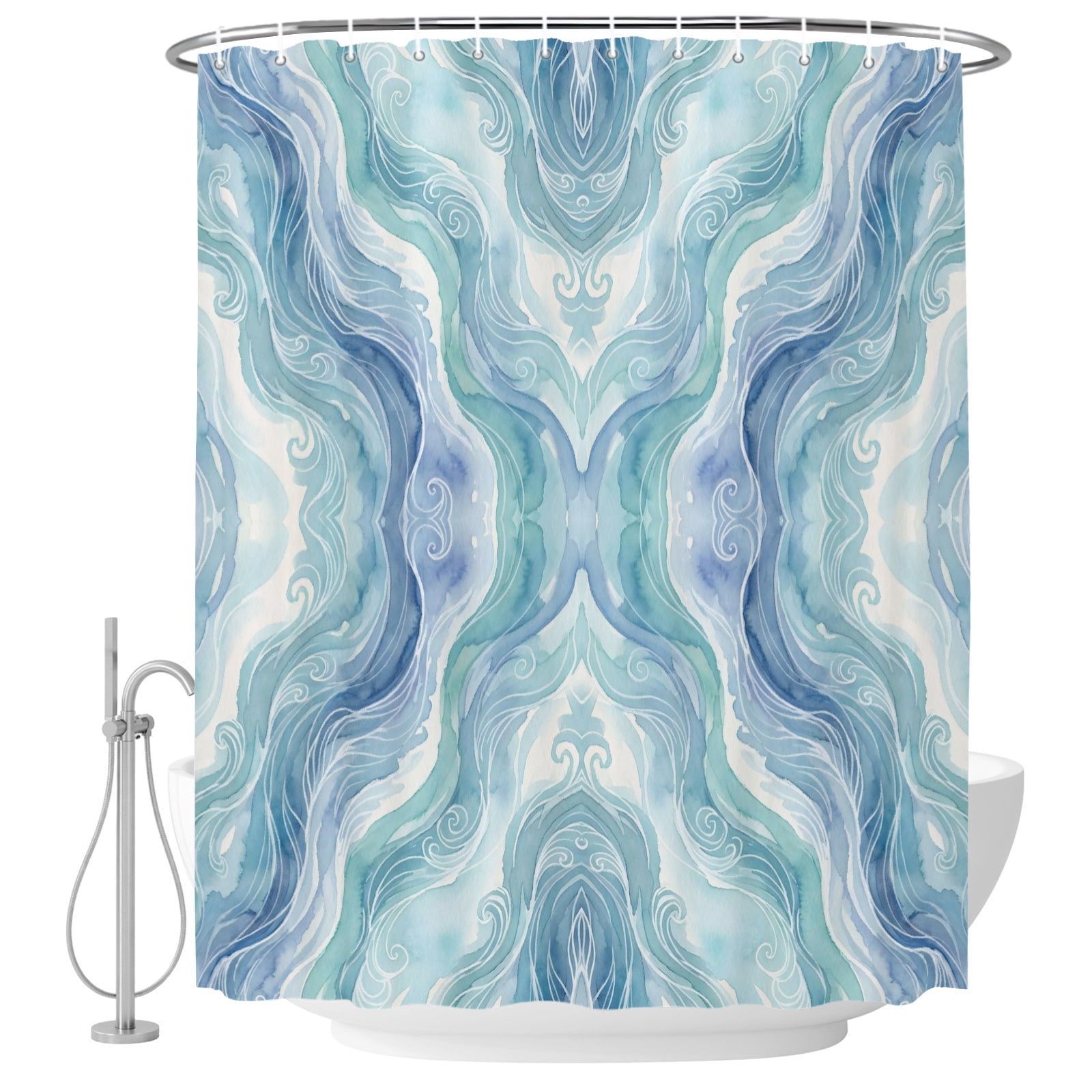 Abstract Water Waves Shower Curtain for Bathroom, Watercolor Blue Green ...
