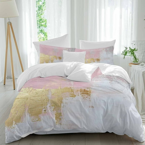 Abstract Watercolor 4 Piece Duvet Cover Set Queen Size Pink Gold Fluid ...