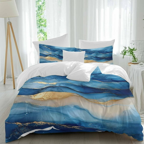 Abstract Watercolor Art Duvet Cover Set Queen Size, Gold Blue Waves ...