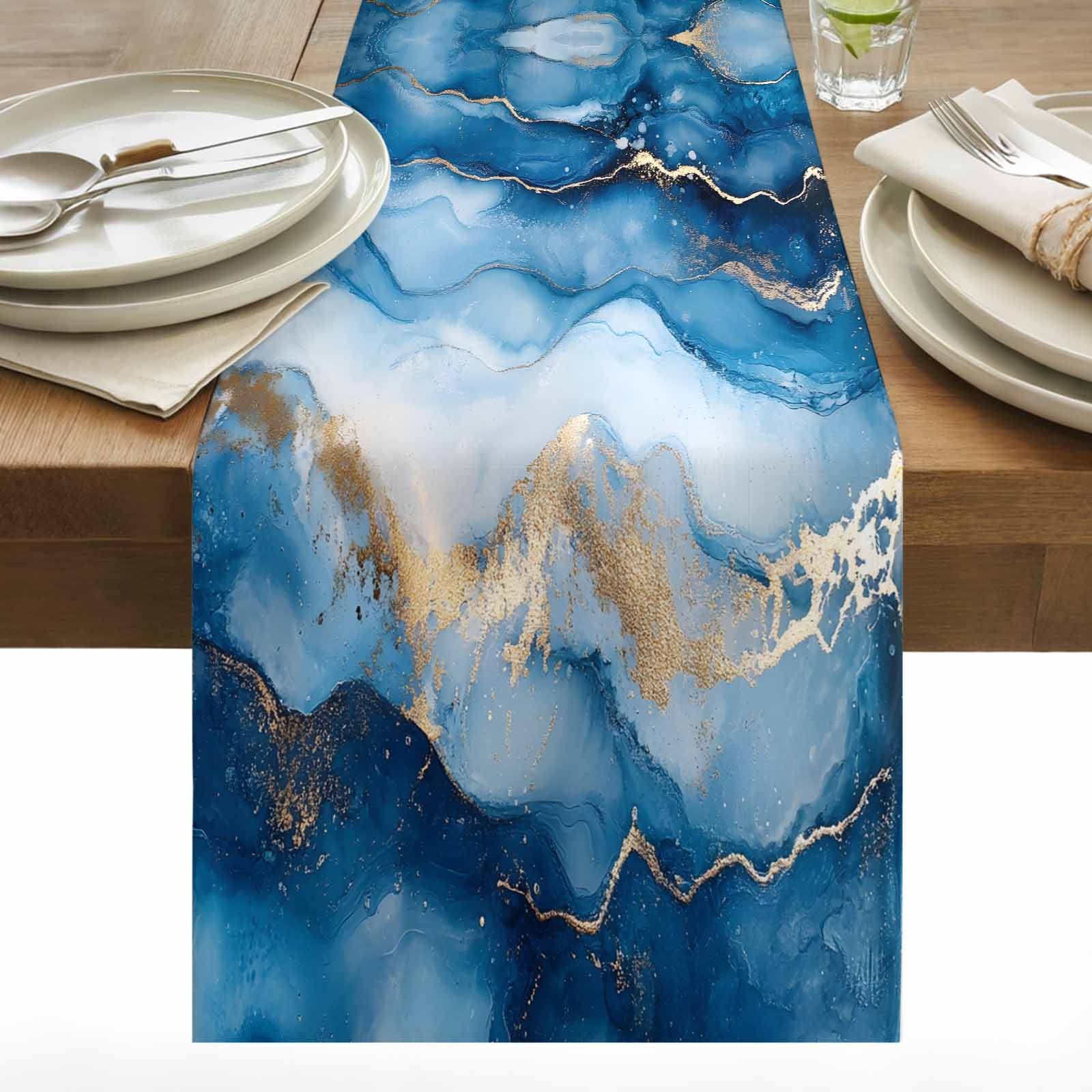 Abstract Watercolor Art Table Runner 13x120 inch Blue Gold Waves ...