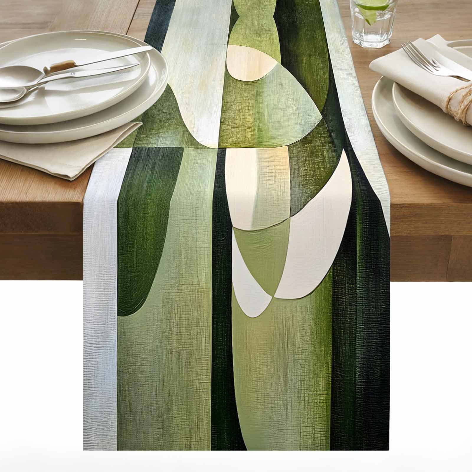 Abstract Watercolor Art Table Runner 13x120 inch Geometric Green Beige ...