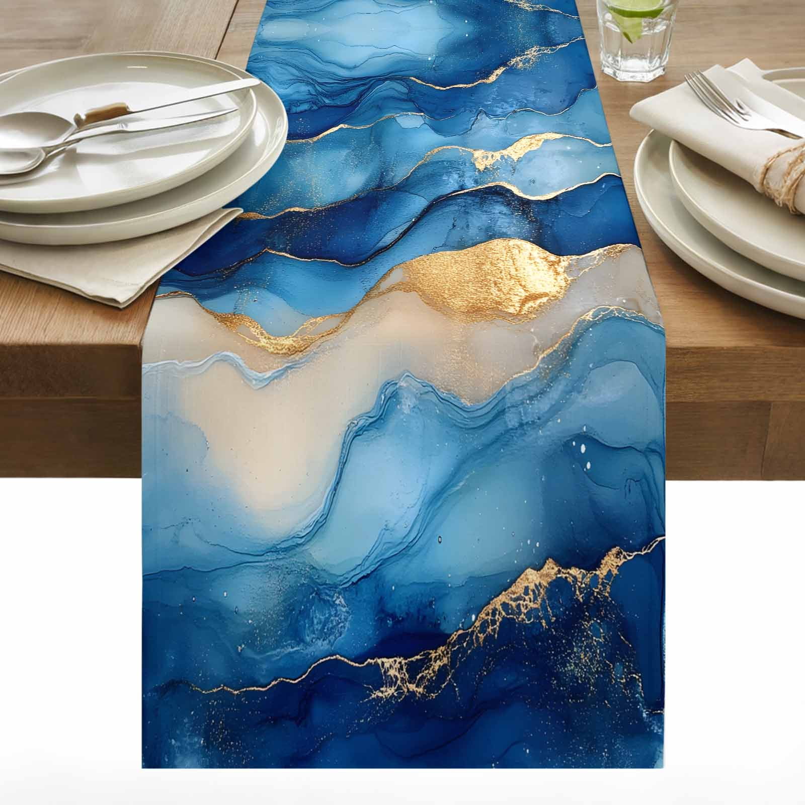 Abstract Watercolor Art Table Runner 13x36 inch Gold Blue Waves ...