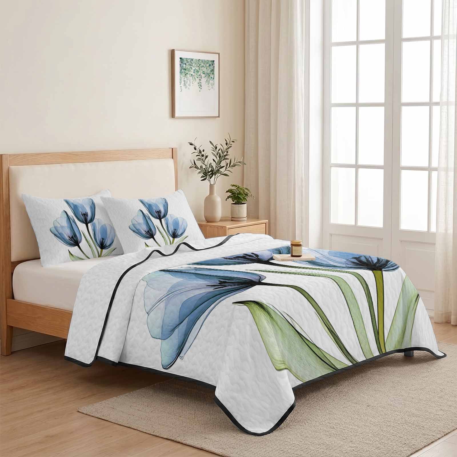 Abstract Watercolor Blue Flower 3 Pieces Quilt Set,1 Quilt with 2 Shams ...