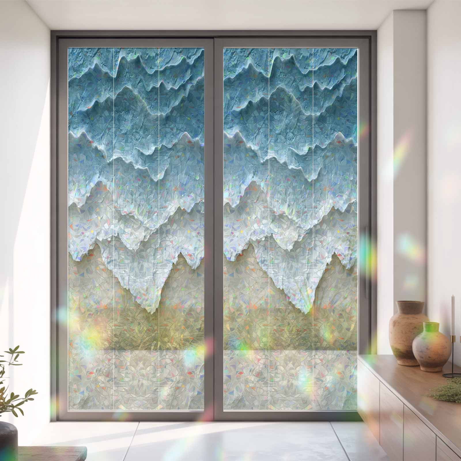 Abstract Watercolor Blue Ocean Wave Window Privacy Film, Rainbow Film ...
