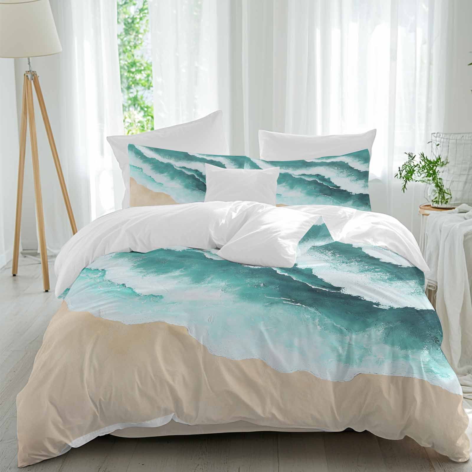 Abstract Watercolor Duvet Cover Set Queen Size, Gradient Green Waves ...