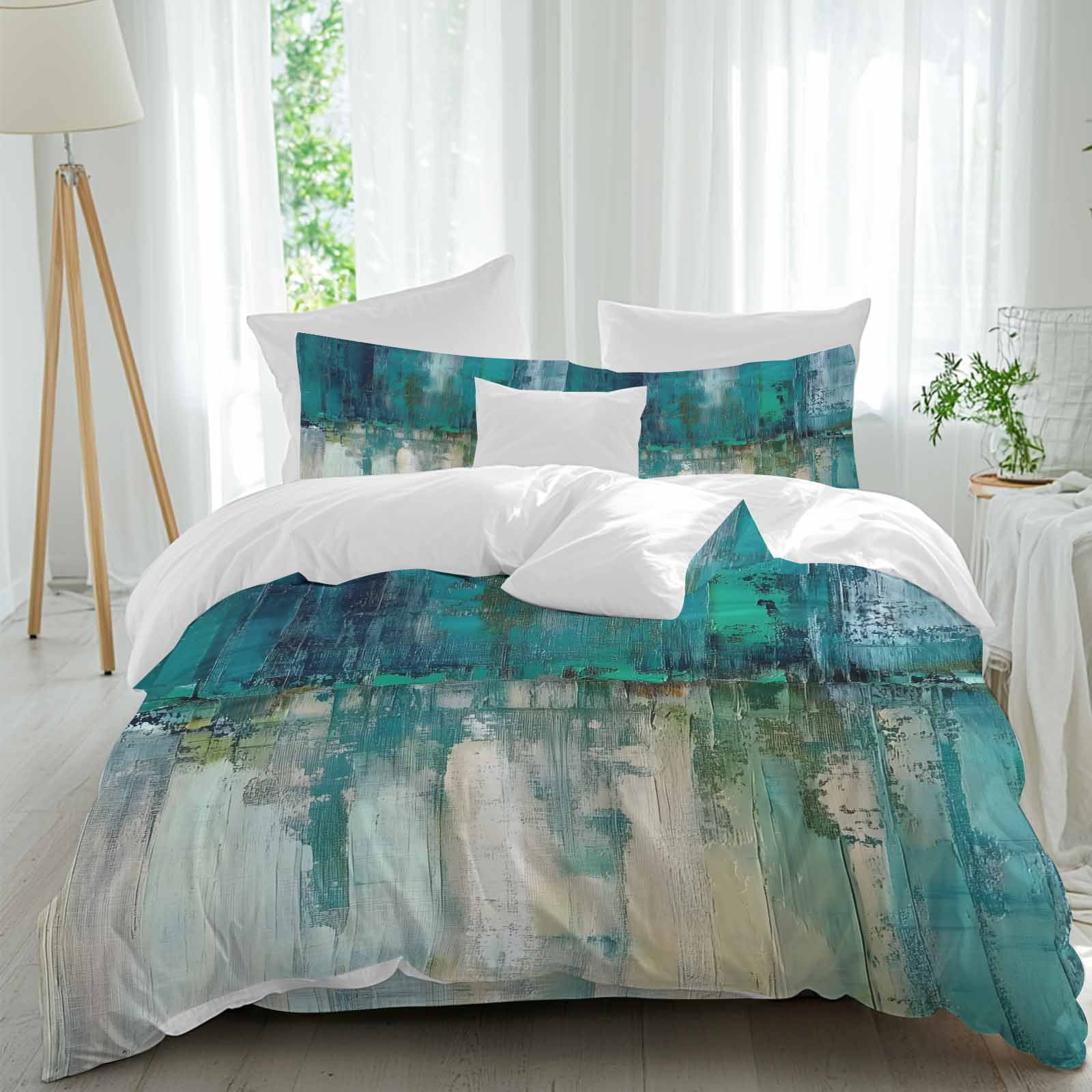 Abstract Watercolor Duvet Cover Set Queen Size, Retro Green Street Art ...