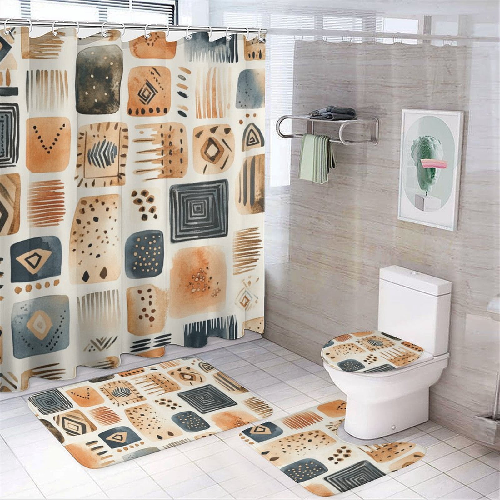 Abstract Watercolor Earthy Pattern Shower Curtain Set Modern Bathroom ...