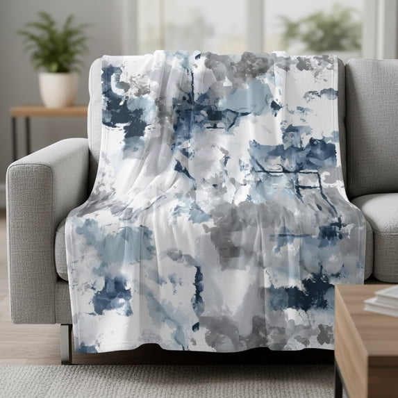 Abstract Watercolor Fleece Throw Blanket Gray Blue White Color Block ...