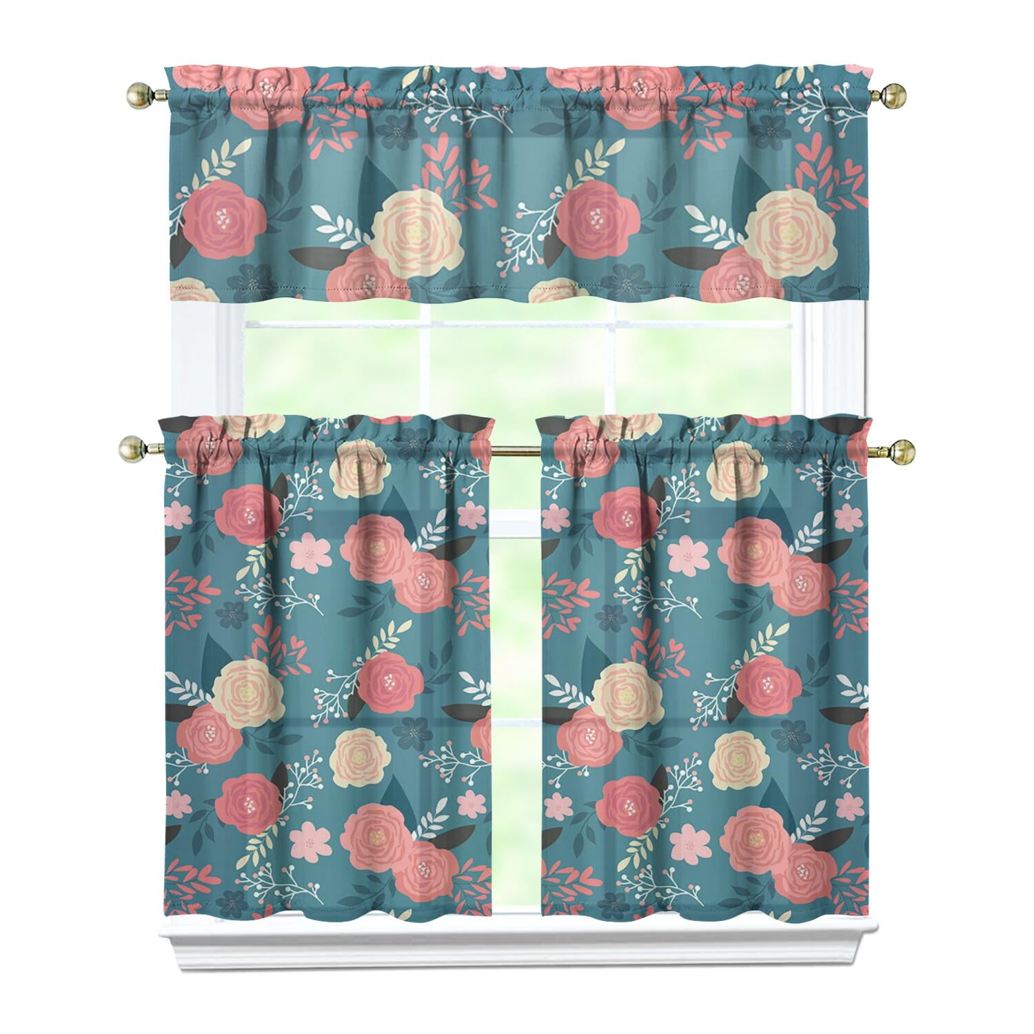 Abstract Watercolor Floral Kitchen Curtains 3-Piece Set Farmhouse Style ...